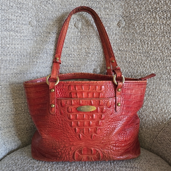 Brahmin | Bags | Brahmin Orange Leather Croc Embossed Medium Tote ...